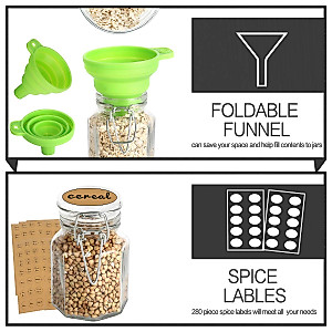 Spice Jars, KAMOTA 30 PACK 3.5oz Octagonal Diamond Small Glass Jars with Leak Proof Rubber Gasket and Airtight Hinged Lid, 280 Spice Labels & 2 Silicone Funnels, for Spice Herb,Art Craft Storage Empty