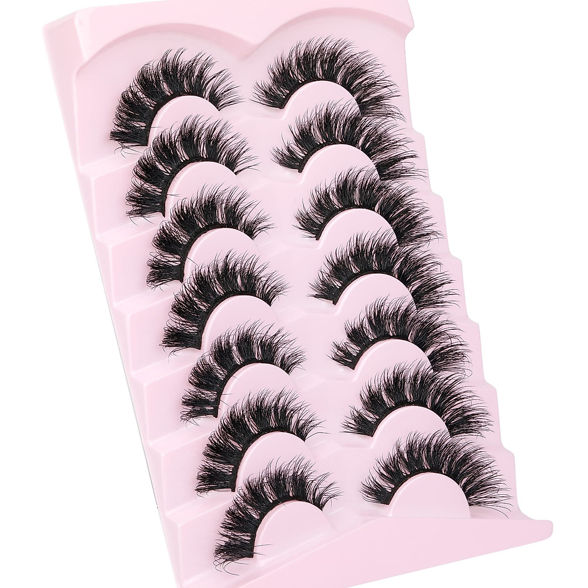 JIMIRE Mink Lashes Natural Look Silk False Eyelashes Fluffy Cat Eye 6D Wispy Faux Mink Lashes Flat Soft Strips 15MM Fake Lashes 7 Pairs Pack