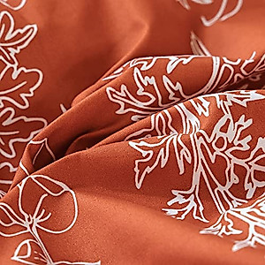 JANZAA Duvet Cover Queen Terracotta 3 Pieces Boho Duvet Cover with White Botanical Patterns Soft Floral Bed Cover with Zipper Closure 4 Ties (2 Pillow Cases)