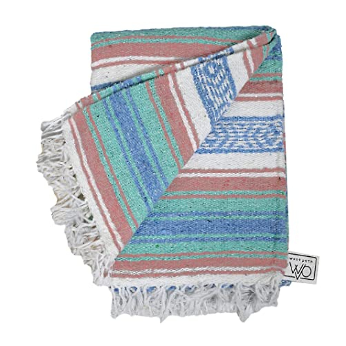 Open Road Goods Light Teal and Coral Mexican Blanket - Authentic Mexican Flasa - Great Yoga Blanket, Beach Blanket, Picnic Blanket, or Mexican Throw! Handwoven