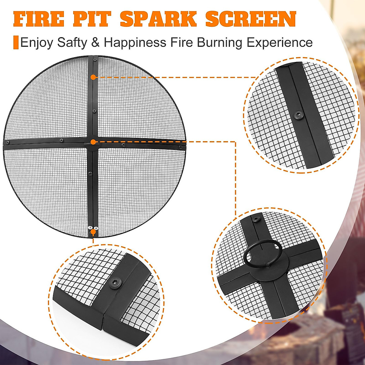 Suzile 22 Inch Heavy Duty Fire Pit Spark Screen Round Mesh Fire Pit Cover Fire Pit Lid Fire Pit Mesh Screen with Handle and Lifter Tool for Outdoor Firepit Stove Fireplace (Black)