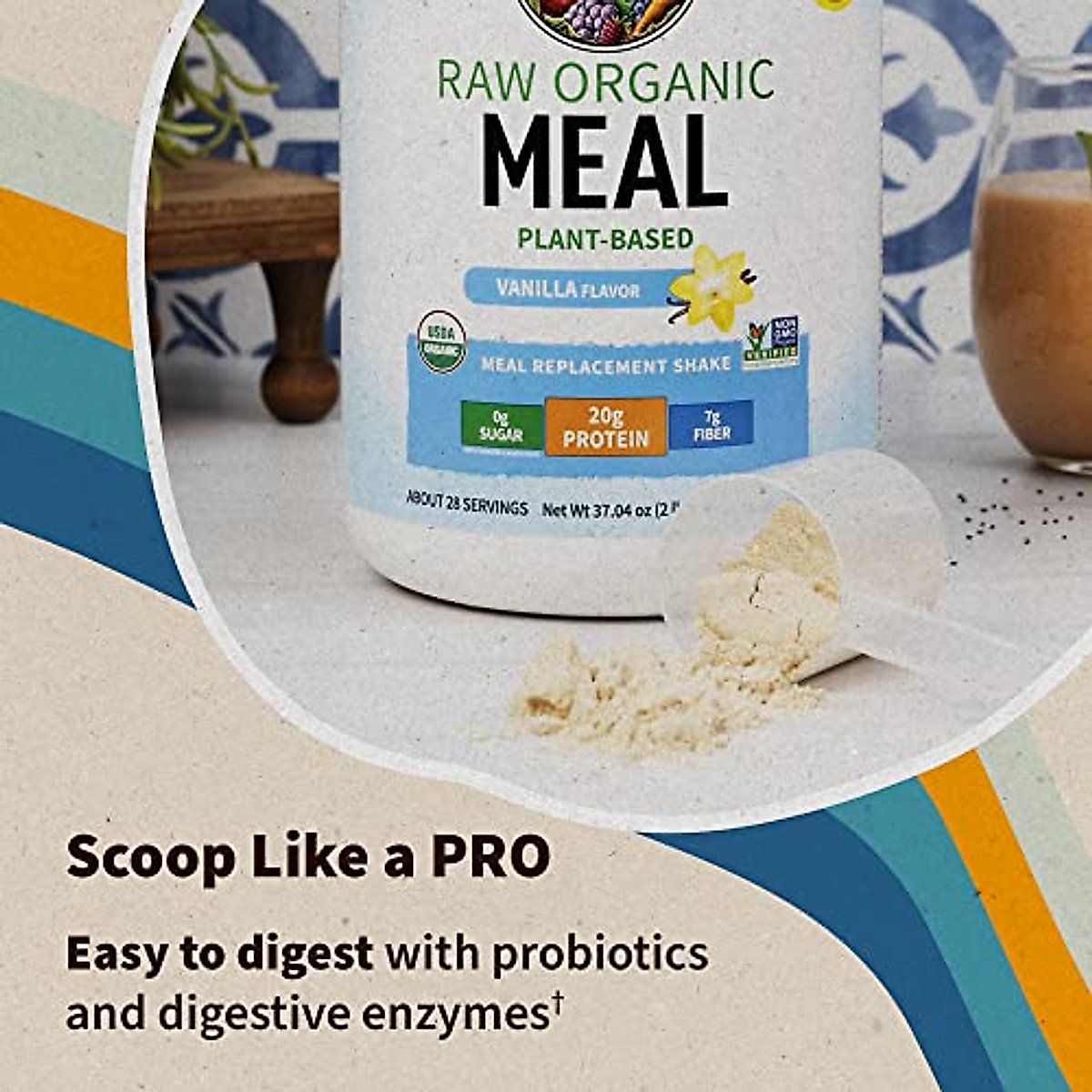 Tasty Organic Vanilla Meal Replacement Shake Vegan - Garden of Life - 20g Complete Plant Based Protein, Greens, Digestive Enzymes, Pro & Prebiotics for Easy Digestion – Non-GMO, Gluten-Free, 2.3 LB,Packaging may vary