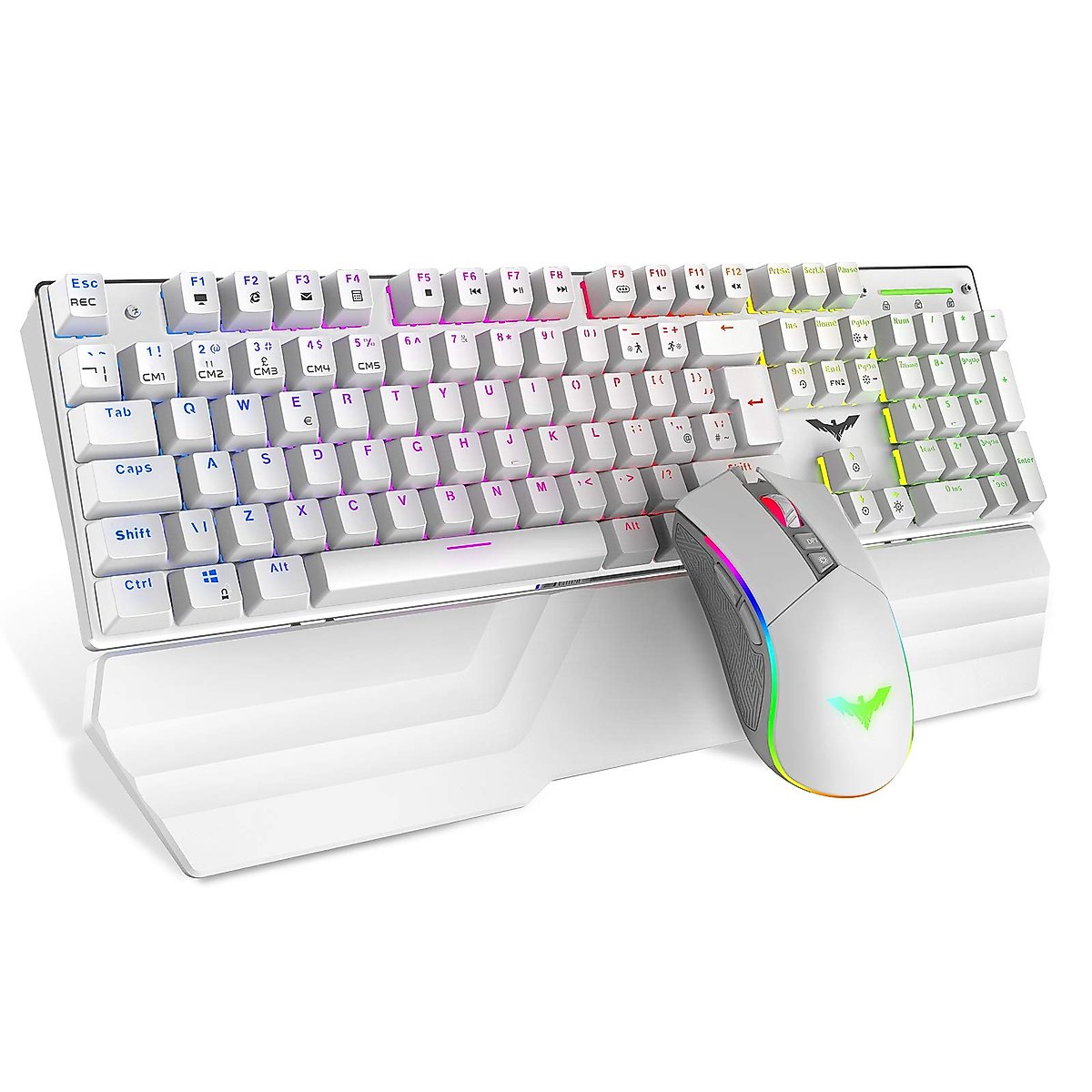 havit Wired RGB Mechanical Gaming Keyboard and Mouse Combo Set UK Layout, Blue Switch Mechanical Keyboard with Detachable Ergonomic Wrist Rest 4800Dots Per Inch Programmable Wired Mouse, White