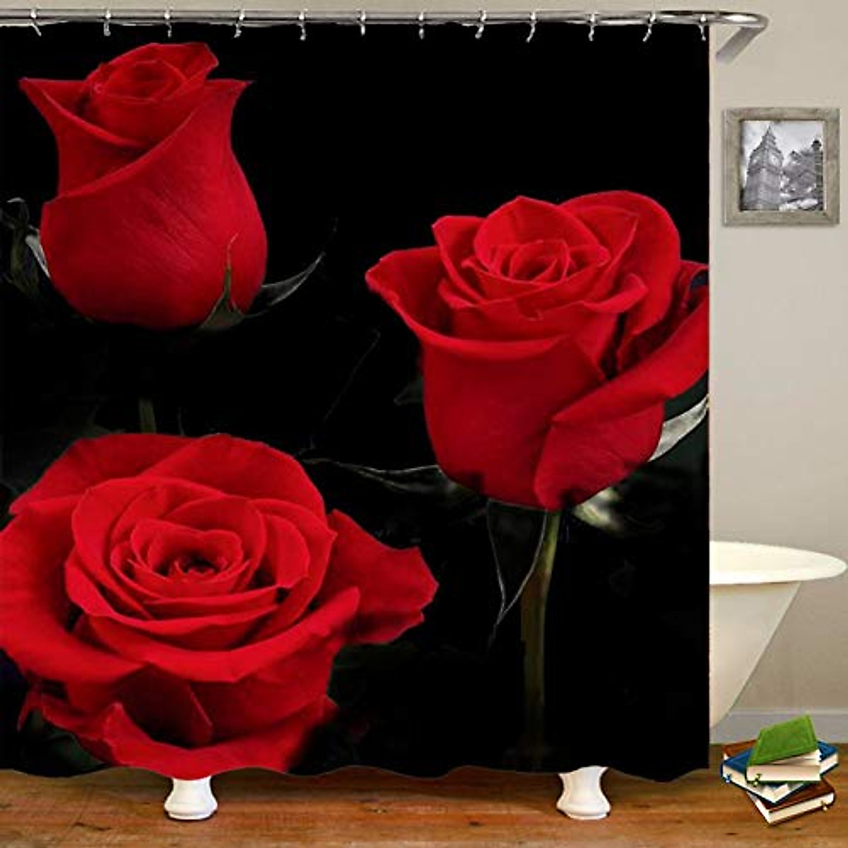 4 PCS Valentine's Day Shower Curtain Set, 3D Romantic Rose Style Printing Shower Curtain Set for Home Hotel Bathroom Decoration