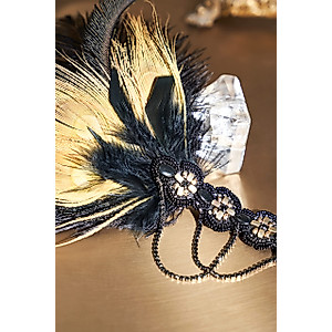 BABEYOND 1920s Sequined Showgirl Headpiece Feather Headband Flapper Gatsby Hair Accessories (Black Gold)