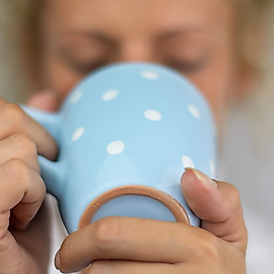 City to Cottage Handmade Light Sky Blue and White Polka Dot Ceramic 10oz/300ml Hot Chocolate, Coffee, Tea Mug, Cup with Large Handle, Unique Designer Pottery for Tea Lovers