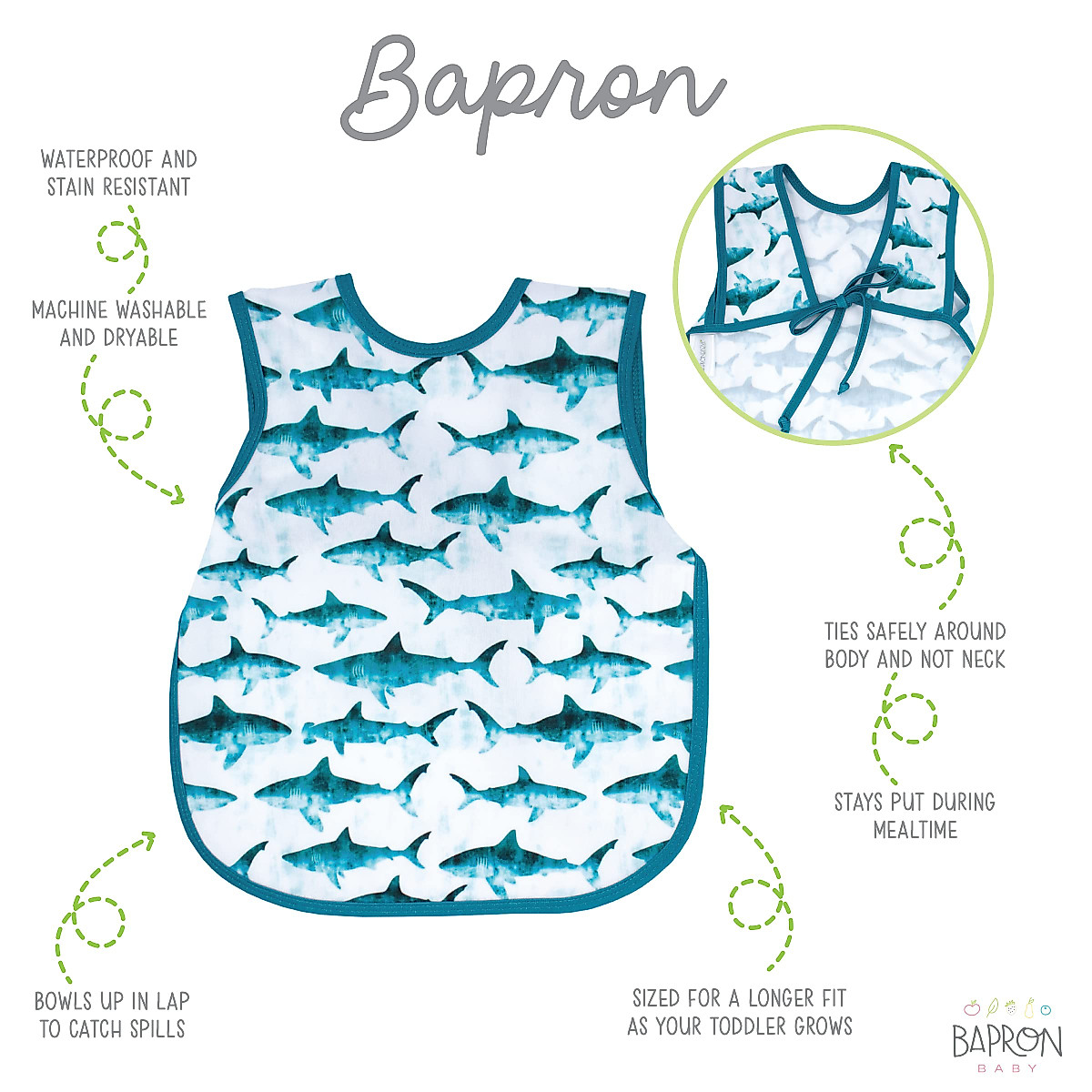 BapronBaby Shark Attack Bapron - No Neck Tie Safer Bib for Baby & Toddler - Soft Waterproof Stain Resistant - Machine Washable - Sz Baby/Toddler 6m-3T
