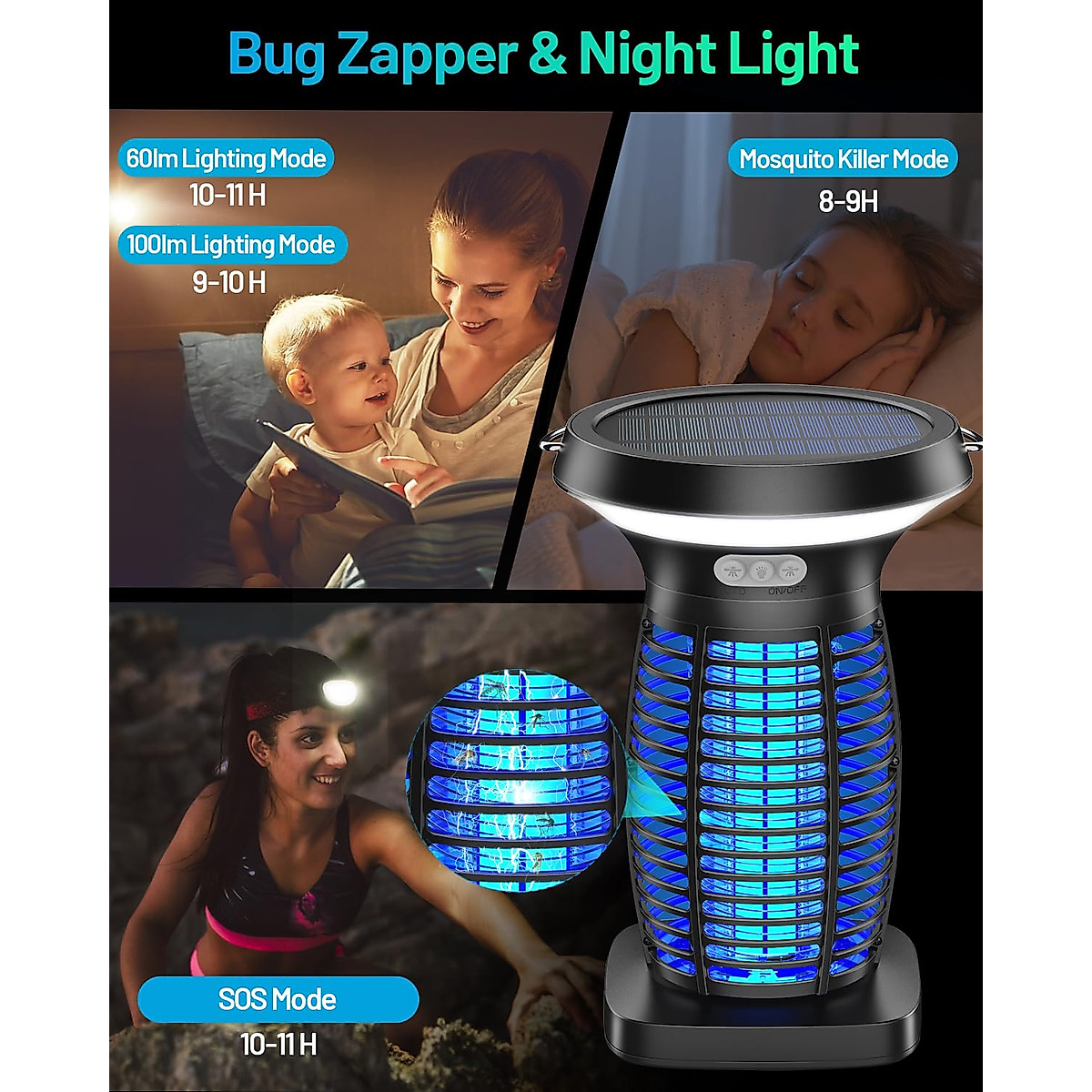 Solar Bug Zapper Outdoor, Mosquito Zapper Indoor Outdoor, Electric Fly Zapper with Camping Lantern, Waterproof Mosquito Traps, Cordless Mosquito Killer Lamp for Patio, Backyard, Home, Balcony