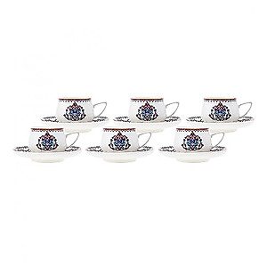 KARACA Nakkas Espresso Cup and Saucer Set for 6 People, 90 ml 3 oz Turkish Coffee Cups with Saucers, 12 Pieces, Mocha & Cappuccino Cups Made of Porcelain, Traditional Turkish Pattern, Dishwasher Safe