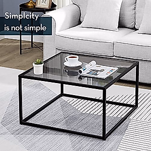 SAYGOER Glass Coffee Table, Small Modern Coffee Table Square Simple Center Tables for Living Room 26.7 x 26.7 x 15.7 Inches, Gray Black