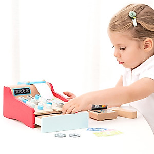 New Classic Toys Wooden Cash Register Pretend Play Toy for Kids Cooking Simulation Educational Toys and Color Perception Toy for Preschool Age Toddlers Boys Girls