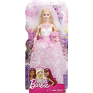 Barbie Bride Doll in Fairytale-Inspired White and Pink Wedding Dress with Ring, Veil and Bouquet, Blonde Hair