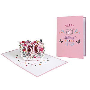 HOMANGA 60th Birthday Pop Up Card, Happy 60th Birthday Card for Her, Women, Wife, 60th Birthday Gift for Sister, Mom, Friend, Pop Up Birthday Greeting Card with Blank Note and Envelope, 6" x 8"