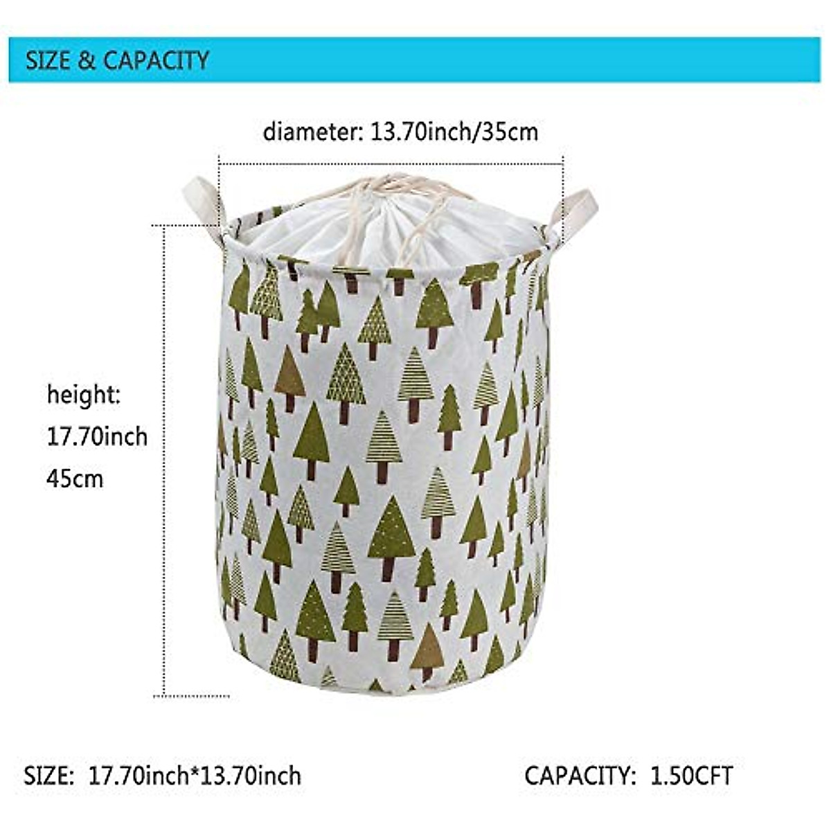HeyToo 17.7in Drawstring Waterproof Foldable Laundry Hamper,Dirty Clothes Laundry Basket,Handle Linen Bin Storage Organizer for Toy Collection Tree