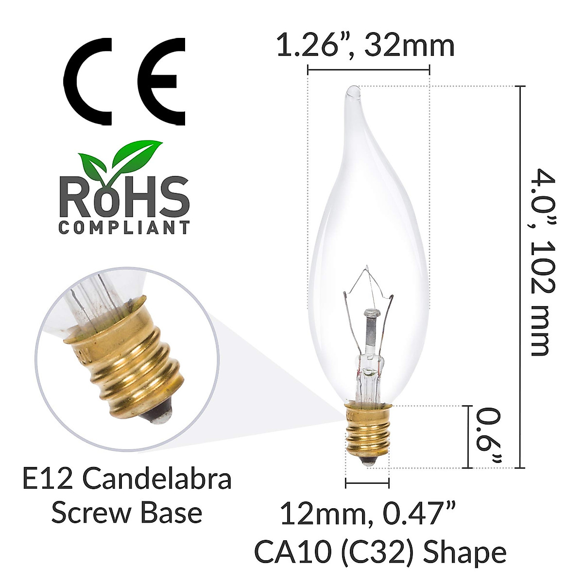 Simba Lighting Candelabra Flame Tip Clear CA10 25W E12 Base (12 Pack) Decorative Incandescent Light Bulbs 120V for Chandeliers, Ceiling Fan Lights, Pendants, Wall Sconces, Dimmable, Warm White 2700K
