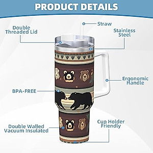 HULIBIN Bear Print Double Deck Stainless Steel Travel Coffee Cup With Lid 40 Oz Ice Bully Cup
