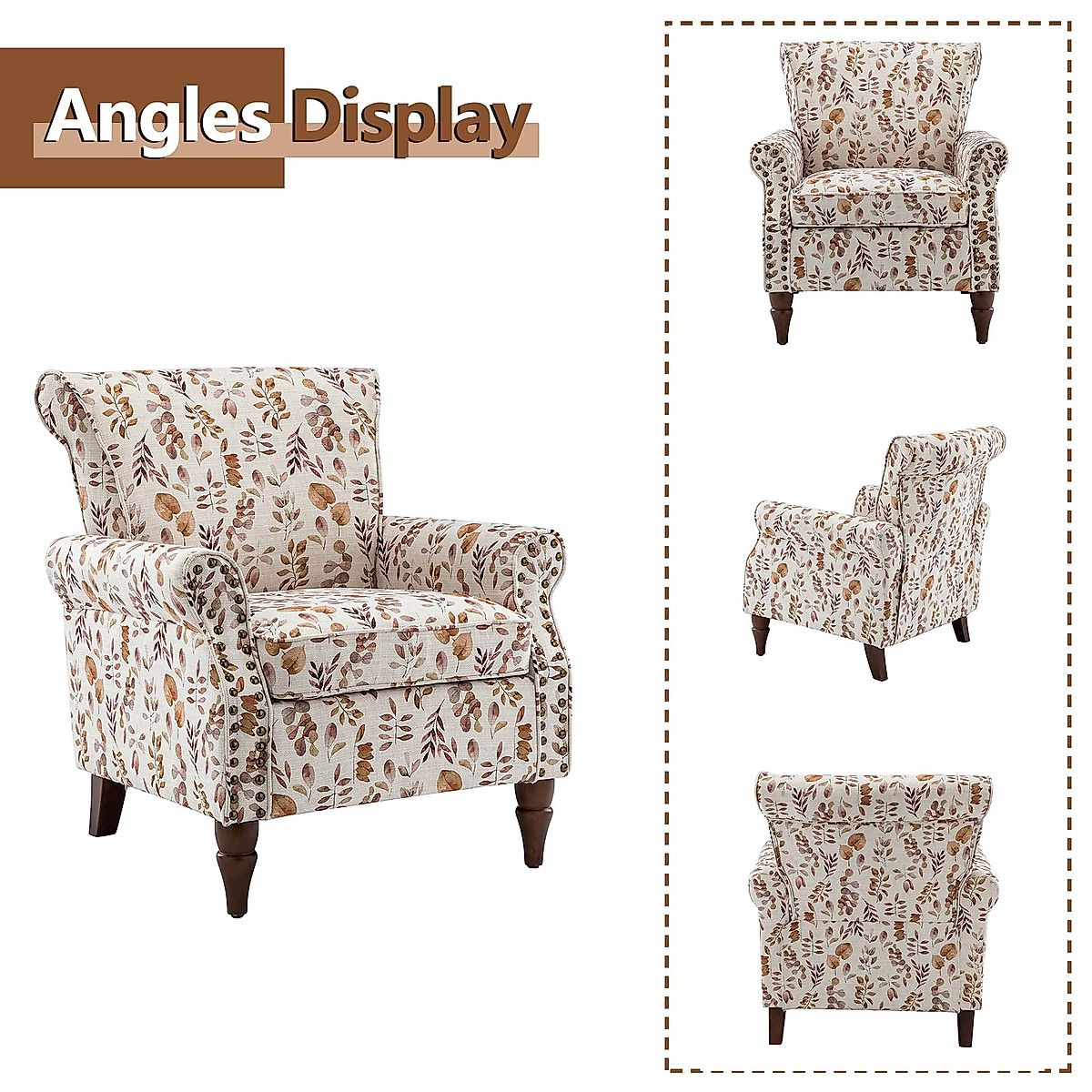 HULALA HOME Modern Wingback Accent Chair with Wood Legs & Removable Cushion, Comfy Upholstered Armchair with Nailhead Trim, Floral Pattern Single Sofa Chair for Living Room Bedroom, Yellow