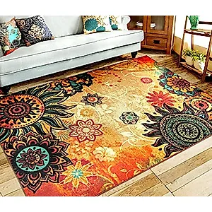EUCH Contemporary Boho Retro Style Abstract Living Room Floor Carpets,Non-Skid Indoor/Outdoor Large Area Rugs,75"x98" Lotus
