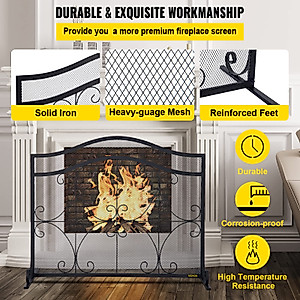 VEVOR Fireplace Screen, 39 x 31 Inch, Double Door Iron Freestanding Spark Guard with Support, Metal Mesh Craft, Broom Tong Shovel Poker Included for Fireplace Decoration & Protection, Black