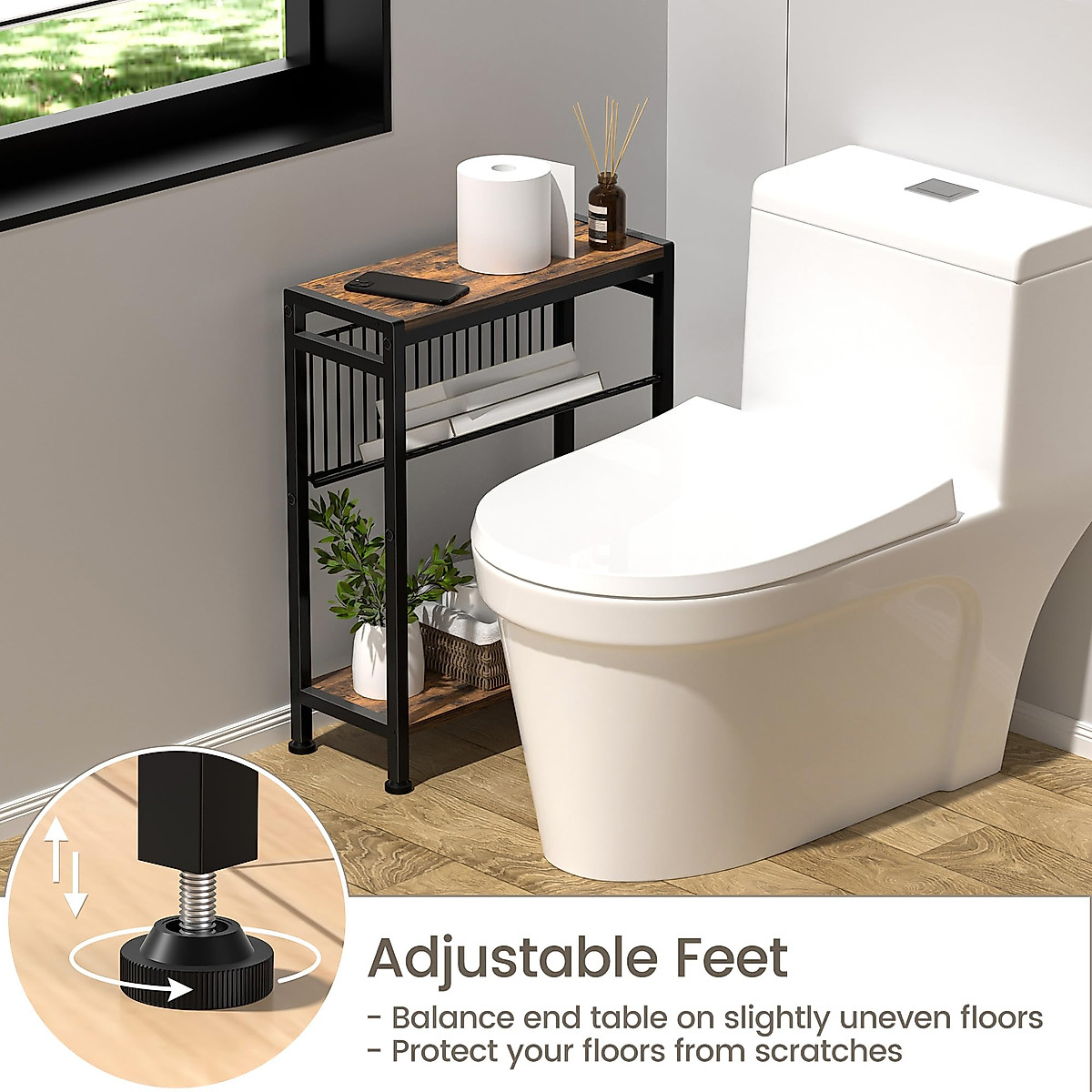 Small Side Table Set of 2 for Small Space, 3-Tier Narrow End Table with Magazine Holder, Slim Nightstand, Skinny Snack Couch Table in Living Room, Bedroom and Balcony (Rustic Brown &Black)