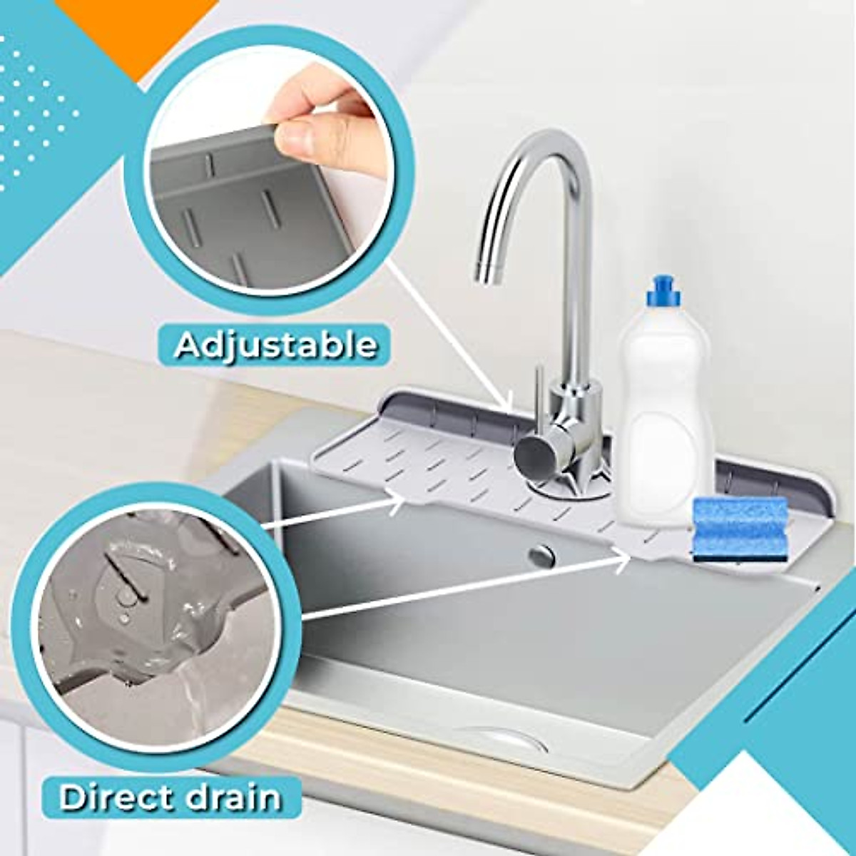 Faucet Splash Guard Silicone Sink Splash Guard 14.5x5.5'' Splash Guard Sink Bathroom Bar Laundry Room Kitchen Sink Splash Guard Long Sink Faucet Mat Behind Silicone Sink Mat (1 Light Grey) (SSSG2022)