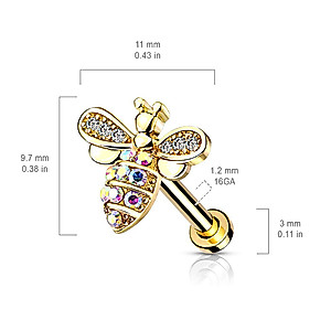 Amelia Fashion 16 Micro CZ Paved Bee with AB Crystals Internally Threaded 316L Surgical Steel for Labret, Monroe, Cartilage, and More (Rose Gold - 16GA (1.2mm) - L.1/4" (6mm))