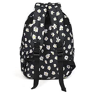 Fitmyfavo Black Daisy Daisy Printed Girl's Waterproof Laptop Backpack for Elementary to High School Students (15L, 14" Laptop Compatible, Large, Black Daisy)
