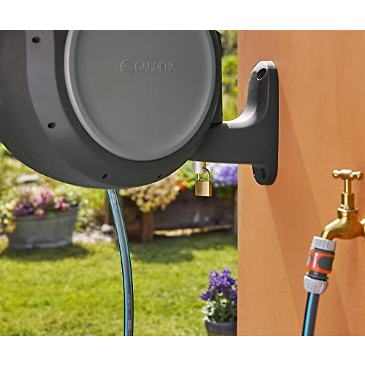 GARDENA 8055-100 Foot Wall Mounted Retractable Reel with Hose Guide, Automatic retraction for Easy Watering