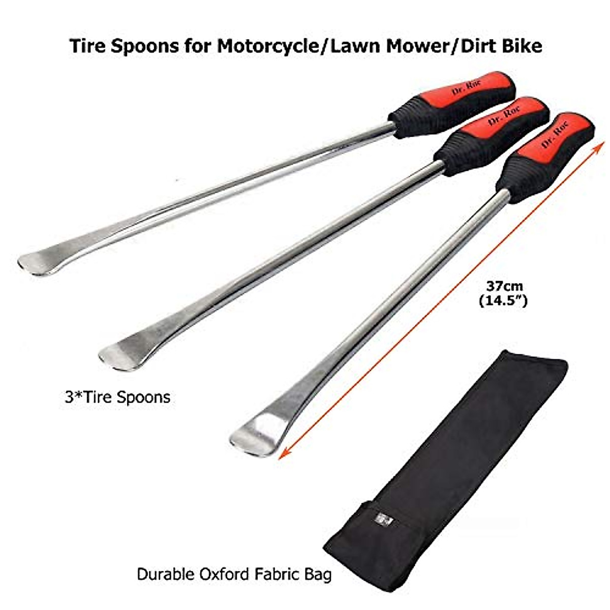 Dr.Roc Tire Spoons Lever Motorcycle Dirt Bike Lawn Mower Tire Changing Tools with Bag 3x14.5 inchTire Irons and 1x Tire Valve Stems with Remover Tool (Black) (Chrome)
