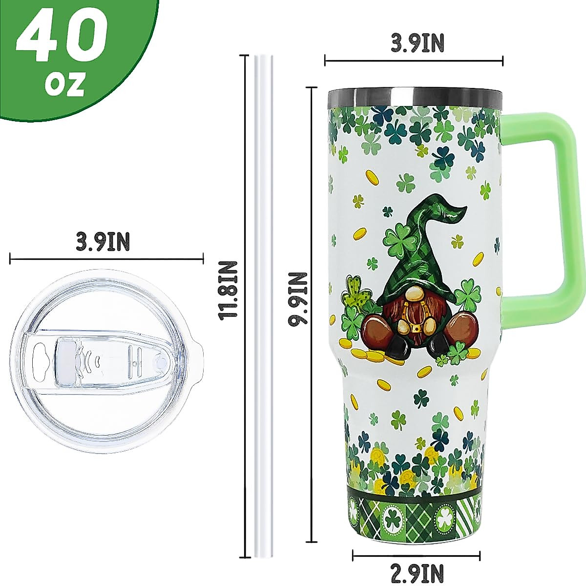 Nqhsionv St Patricks Day Tumbler with Handle 40 oz Lucky Gnomes Shamrock Coffee Travel Mug Stainless Steel Insulated Cup Irish Saint Patricks Decor Gifts
