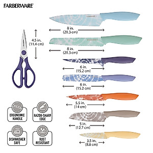 Farberware Tie Dye Pattern Knife Set with Shears and Blade Covers, 15-Piece, Multicolor
