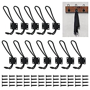 Erfo 12 Pack Black Rustic Entryway Hooks, Wall Mounted Vintage Double Coat Hangers, Metal Farmhouse Rack Hanging Wire Organizer Decorative Holder with Metal Screws for Home Office