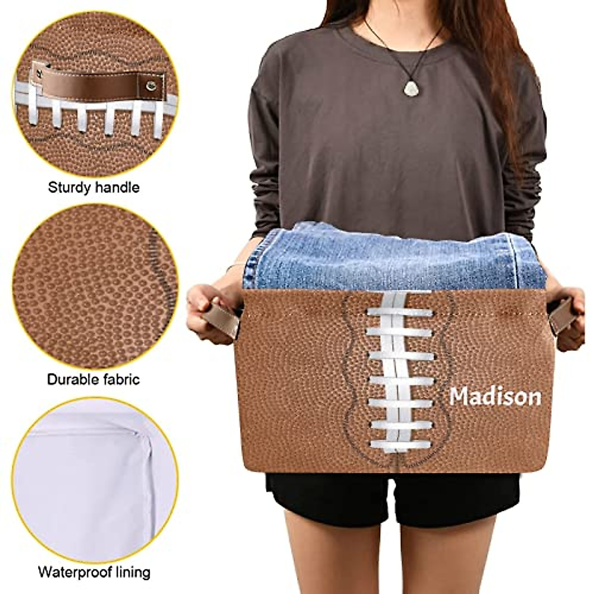 Football Laces Personalized Storage Basket ,Custom Storage Bins Cubes Organizer with Handle for Bedroom Wardrobe,Nursery,Basket 1 Pack