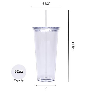 Zephyr Canyon 32oz Clear Tumblers with Lids and Straws - Clear Double Wall Tumbler - BPA Free - Insulated Acrylic Cups for Hot & Cold Drinks - Spill-Proof Reusable Iced Coffee Cup (4 Pack)