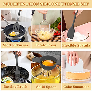 Silicone Cooking Utensil Set, Umite Chef 43 PCS Heat Resistant Kitchen Utensil Gadgets Set-Stainless Steel Handle- Kitchen Spatula Tools for Nonstick Cookware, Pots and Pans Accessories(Grey)