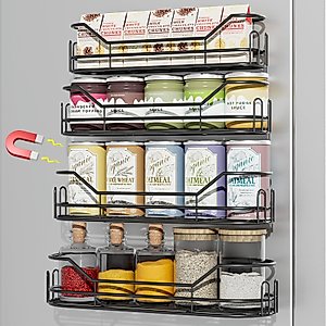 Magnetic Spice Rack for Refrigerator - 4 Pack Large Capacity Magnetic Shelves, Strong Magnetic Shelf, Space Saving Fridge Magnet Organizer, Spice Rack for Kitchen Organization and Storage, Metal Black