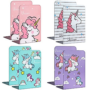 Zyners 8 Pieces Bookends, Metal Bookends for Shelves, Non-Skid Heavy Duty, Unicorn Cute Book Ends for Kids, Girls, Children(5.3 x 4 x 7.5 inches)