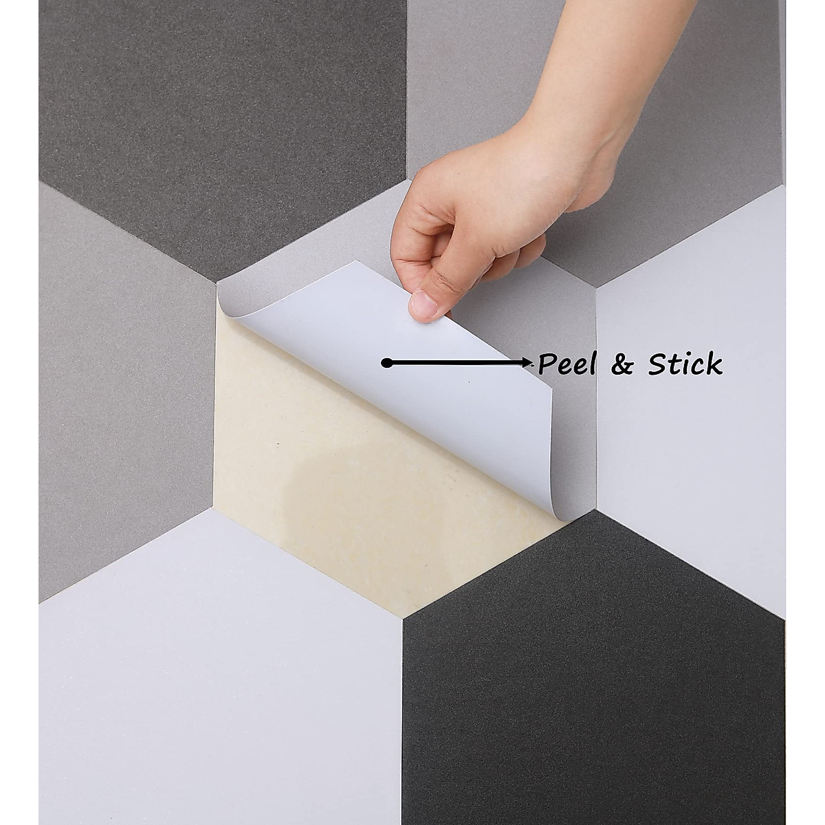 Vinyl Flooring Hexagon Tiles, Peel and Stick Floor Tile, 0.027 Inch Thick, Waterproof Self-Adhesive Floor Tile DIY for Bathroom Kitchen, Four Color (Covered 7.4 Sq.Ft /20 Pcs)