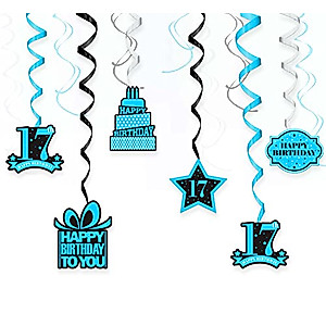 Happy 17th Birthday Hanging Swirls Stars Confetti Cheers to 17 Years Old Bday Hello 17 Theme Decorations Ceiling Hanging Sign Decor for Boys Girls 17th Birthday Party Supplies Navy Blue and Black
