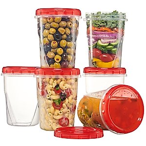 PLASTICPRO 6 Pack Twist Cap Food Storage Containers with Red Screw on Lid- 32 oz Reusable Meal Prep Containers - Freezer and Microwave Safe Red Plastic Food Storage