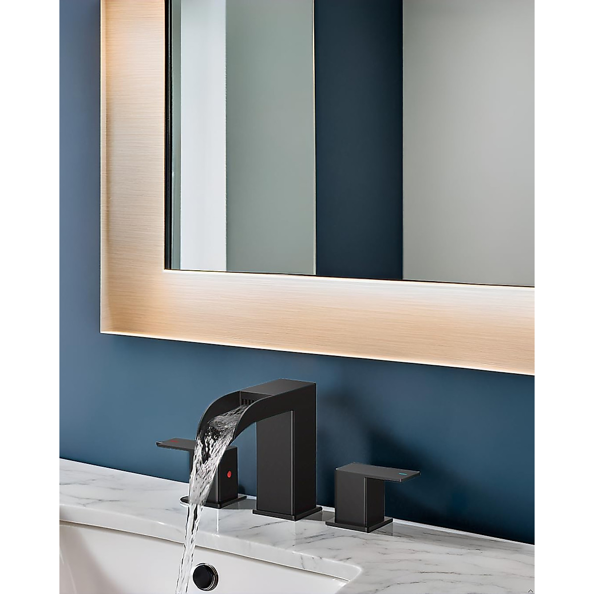 QFN Black Bathroom Faucet 3 Hole, Waterfall Bathroom Faucets with Metal Pop-up Drain and Cupc Hose, Matte Black Widespread Bathroom Sink Faucet, Two Handle Faucet for Bathroom Sink