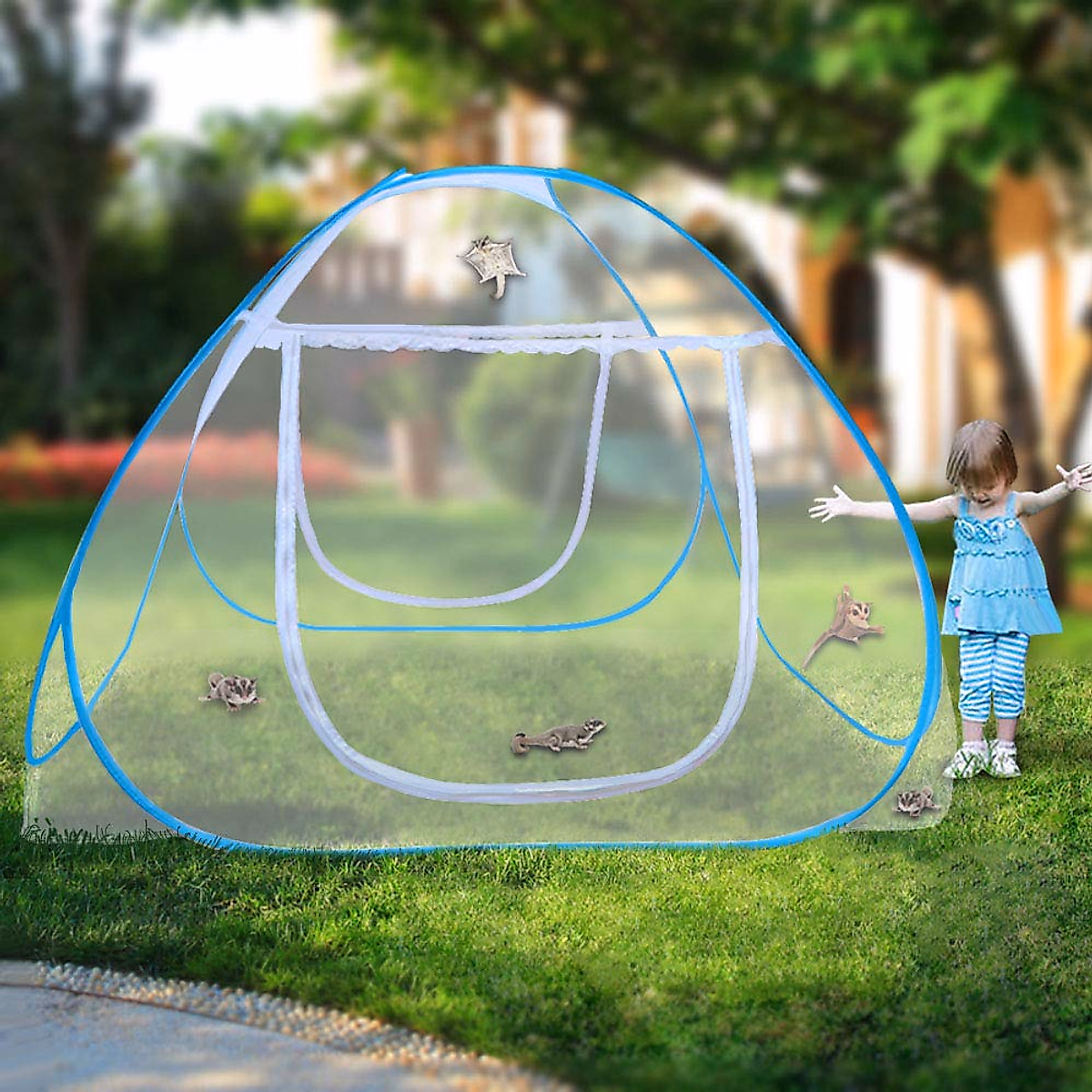 Mintime Pop-Up Mosquito Net Portable Folding Mosquito Net Tent with Bottom Double Doors Bed Tent for Baby Toddlers Adult (King Size, 71"x79"x59") (Blue)