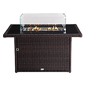 OAKVILLE FURNITURE 44 in Propane Fire Pit Table, 50000 BTU Rectangular Outdoor Gas Fire Pit, Brown Wicker Aluminum Tabletop in Tempered Fire Glass for Outside Patio Garden, Backyard