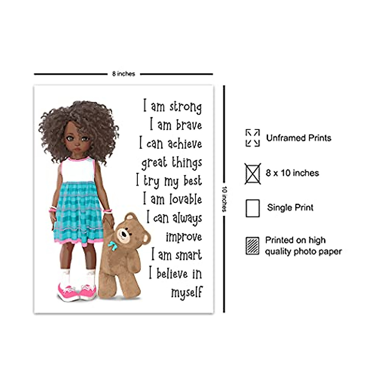 African American Girl Positive Affirmations - Black Wall Art - African American Wall Art - Little Girls Bedroom - Inspirational Sayings for Wall Decor - Positive Quotes Wall Decor - Toddler Girls Room