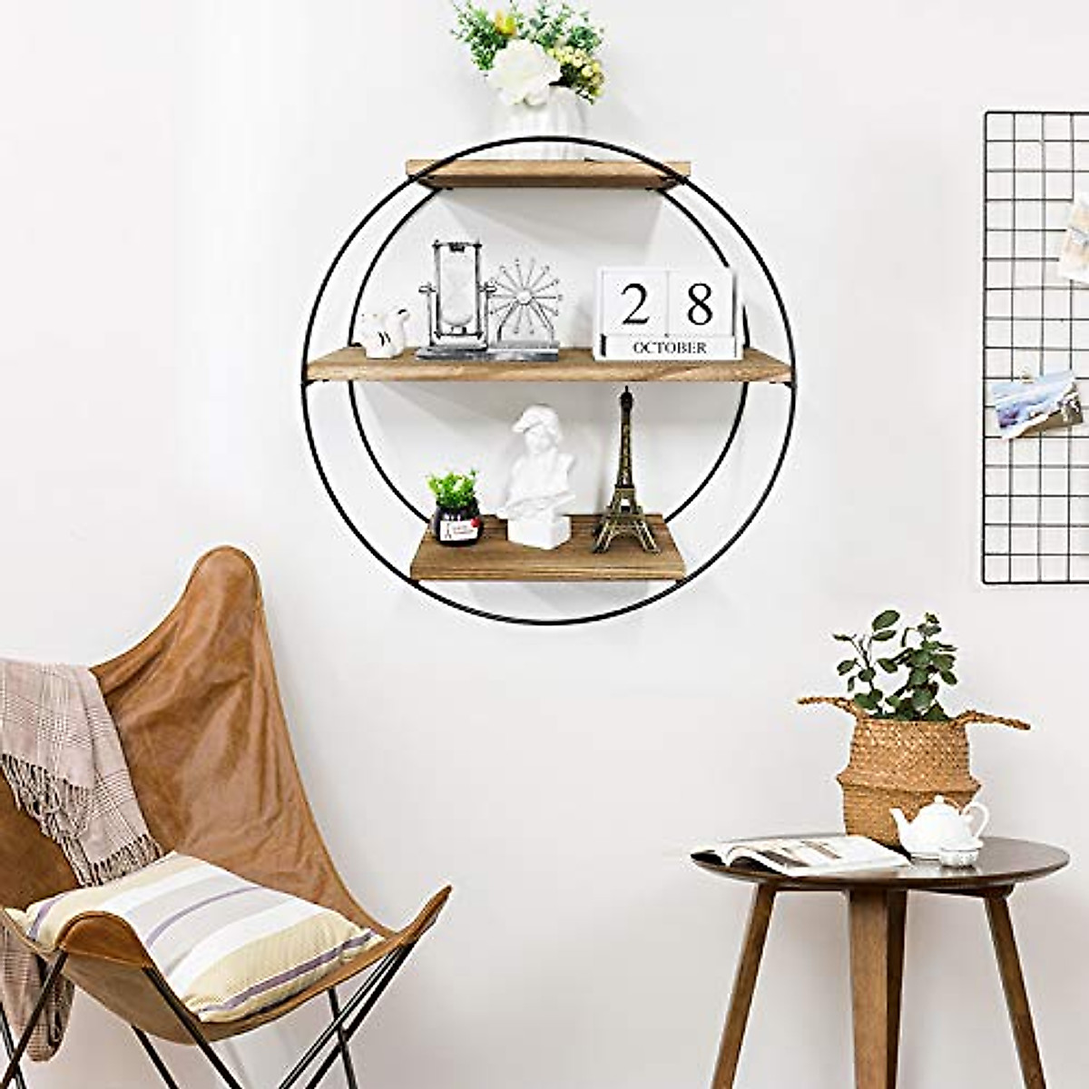 Befayoo Floating Shelves for Wall, Rustic Wood Geometric Style Decor Shelf for Bathroom Bedroom Living Room Kitchen Office (Round, Natural)