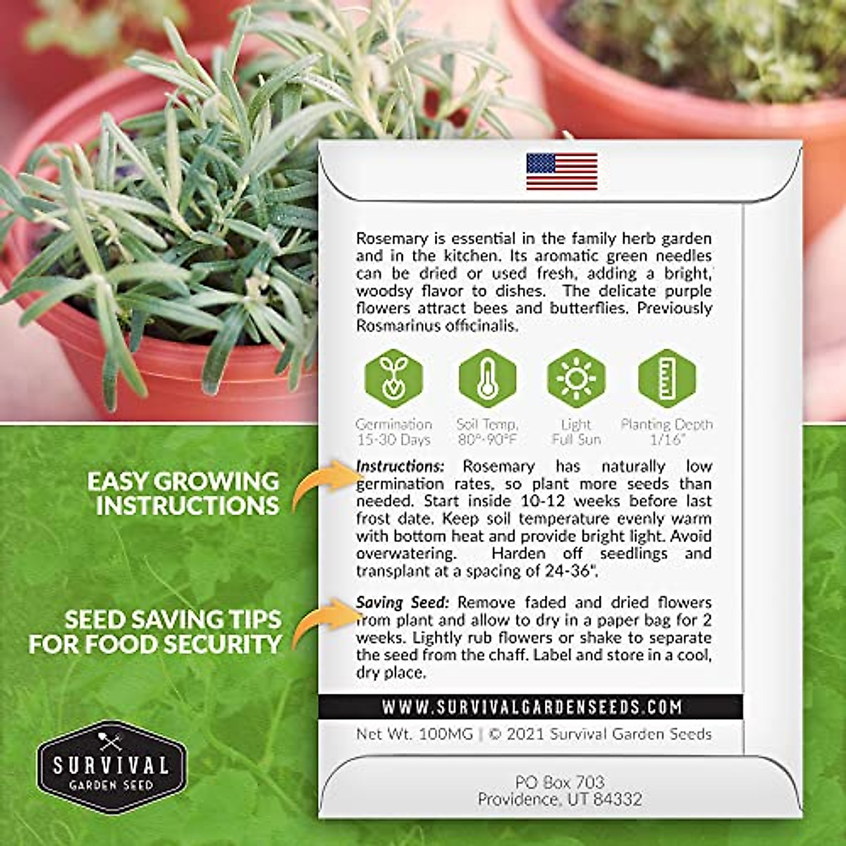 Survival Garden Seeds - Rosemary Herb Seed for Planting - Salvia Rosmarinus - Packet with Instructions to Plant & Grow in Your Home Vegetable Garden - Non-GMO Heirloom Variety