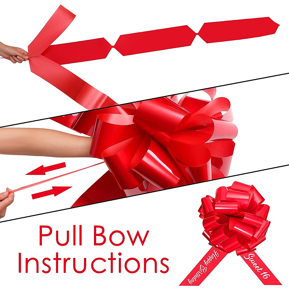 20 Inches Car Bow Sweet for Happy Birthday 16 Car Red Pull Bow Car Large Wrapping Bow Decoration with 20 Feet Car Ribbon and Sweet Keychain for 16th Birthday