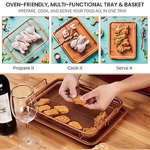 Air Fryer Basket For Oven | 12.8"x9.65" Nonstick Rack & Crisper Tray w/Cheat Sheet Included - Stainless Steel Mesh Frying Basket & Pan for Full Size Oven - Dishwasher Safe 2PC Set for Convection Oven