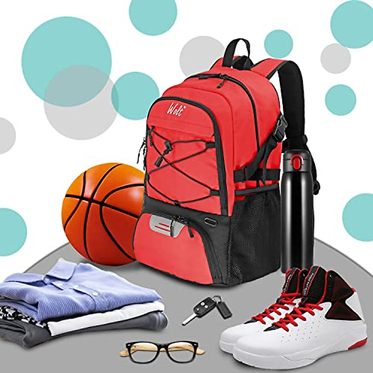 WOLT | Basketball Backpack Large Sports Bag with Separate Ball holder & Shoes compartment, Best for Basketball, Soccer, Volleyball, Swim, Gym, Travel (Red)