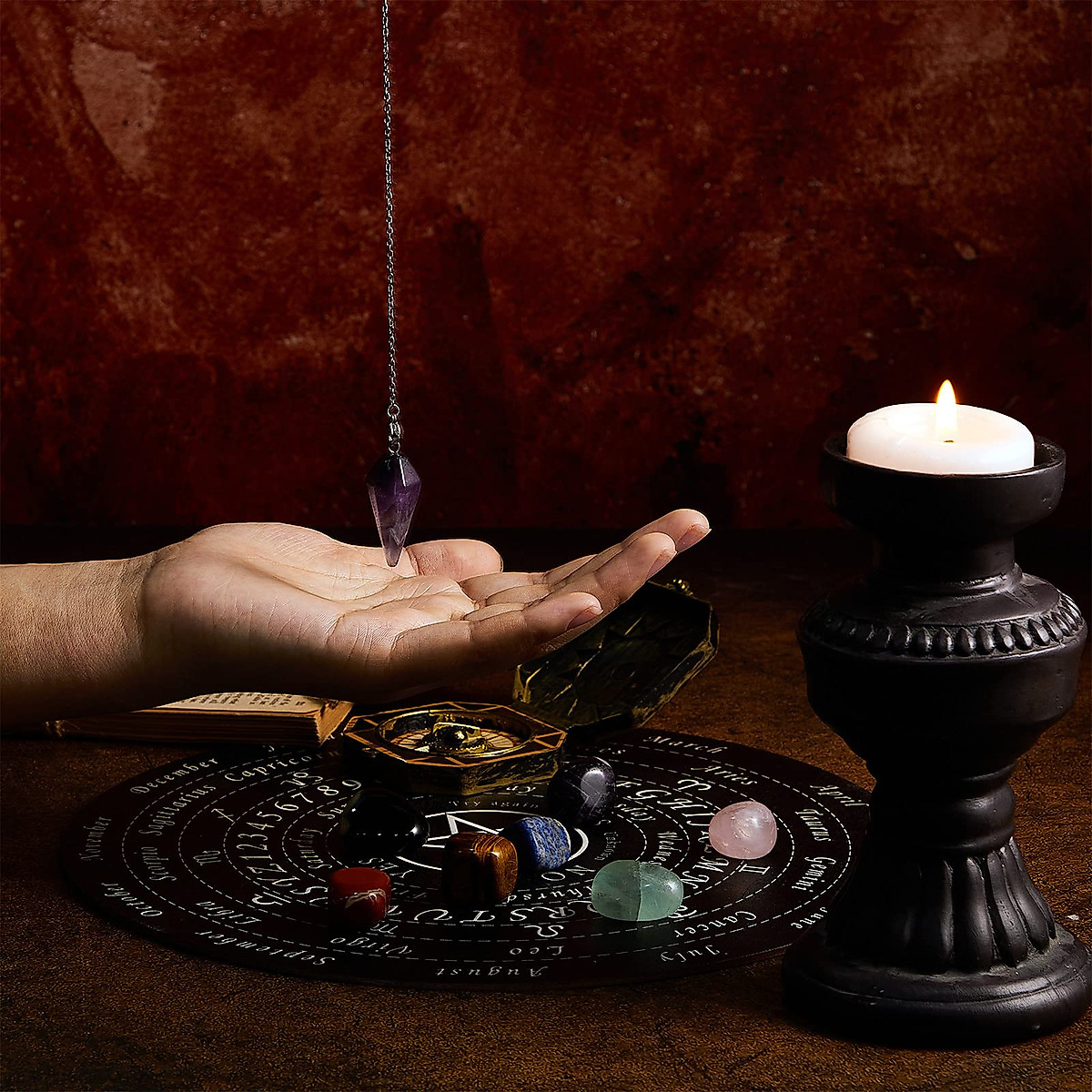 Star Pendulum Board Wooden Dowsing Board Set Include Crystal Dowsing Pendulum Necklace, 8 Chakra Stones, Round Pendulum Board Dowsing Divination Metaphysical Message Board for Witchcraft Supplies